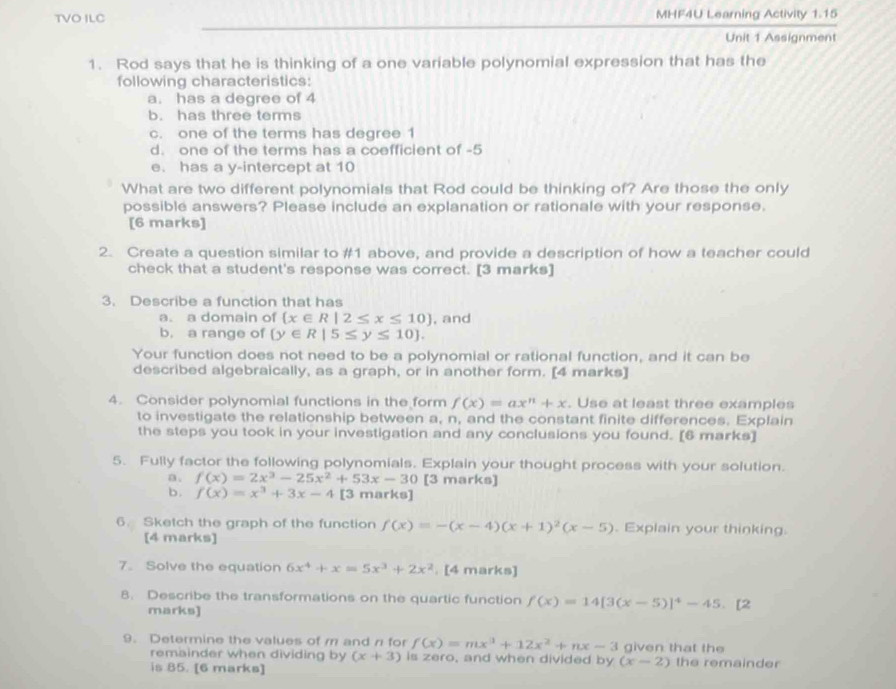 Solved: TVO ILC MHF4U Learning Activity 1.15 Unit 1 Assignment 1. Rod ...