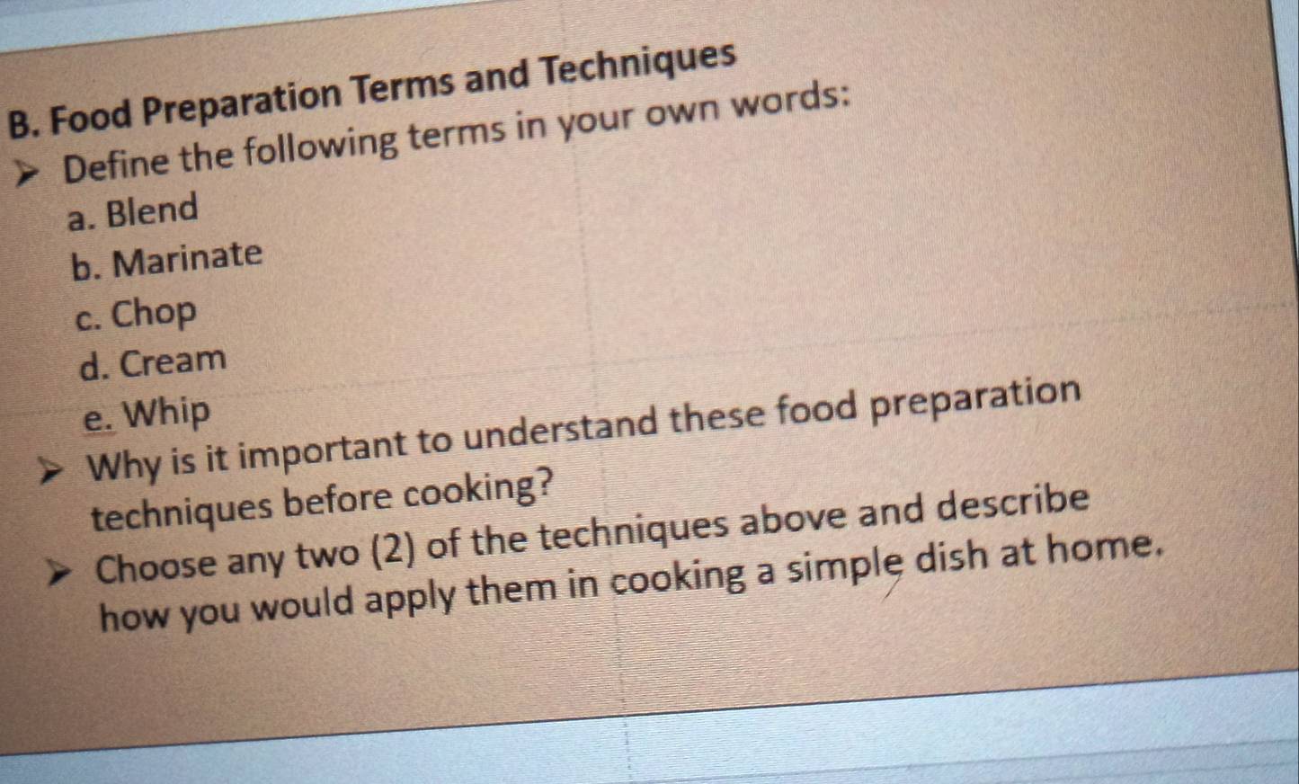 Solved: Food Preparation Terms and Techniques Define the following ...