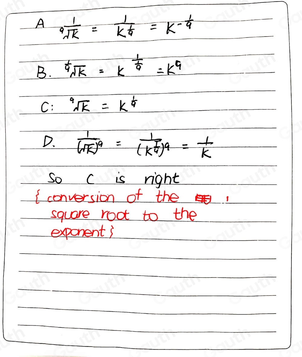 Solved: Which radical expression is equivalent to k^(frac 1)9 ? Choose ...