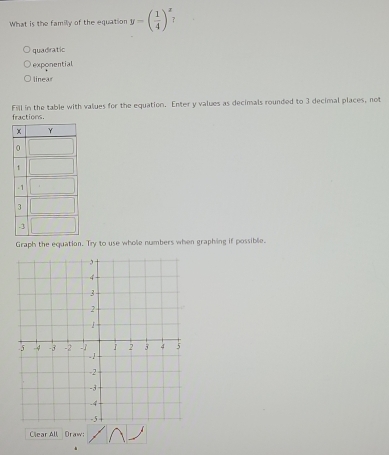 Solved: What is the familly of the equation y=( 1/4 )^x quadratic ...