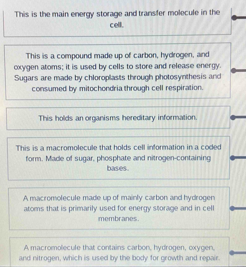 Solved: This is the main energy storage and transfer molecule in the ...