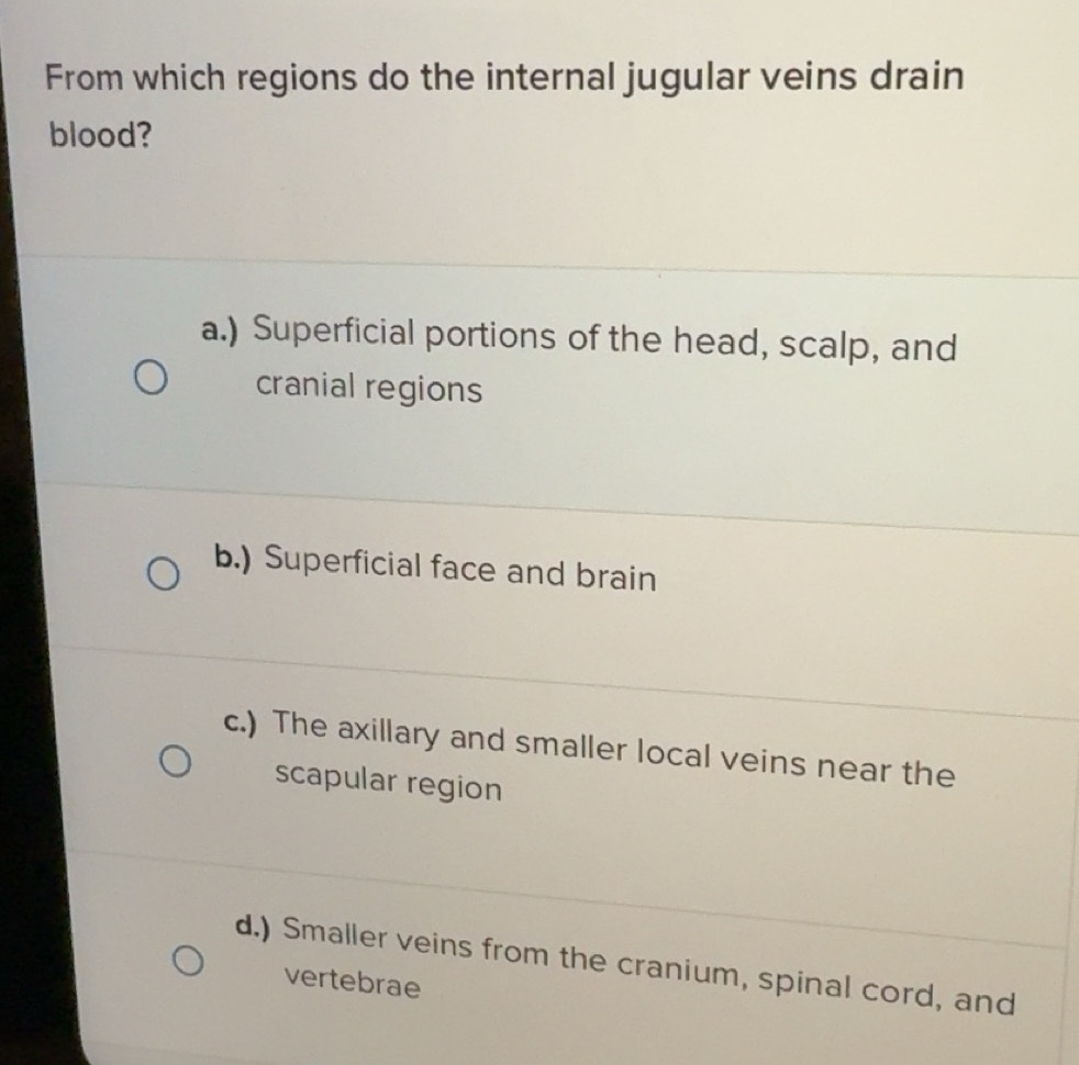 Solved: From which regions do the internal jugular veins drain blood? a ...