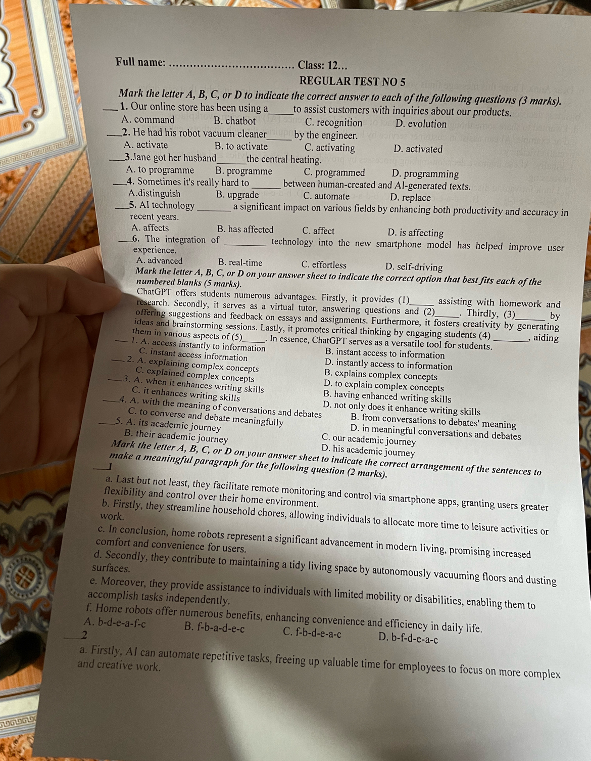 Giải quyết:Full name: _Class: 12… REGULAR TEST NO 5 Mark the letter A ...