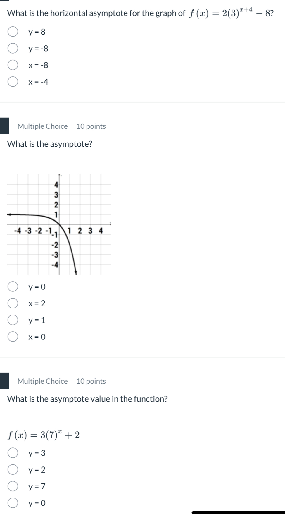 Solved: What is the horizontal asymptote for the graph of f(x)=2(3)^x+4 ...