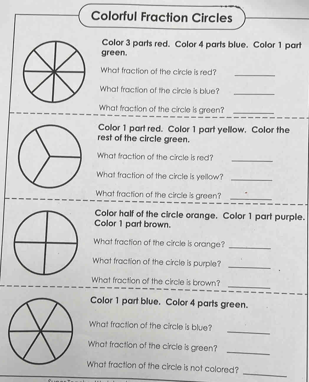 Colorful Fraction Circles Color 3 parts red. Color 4 parts blue. Color ...