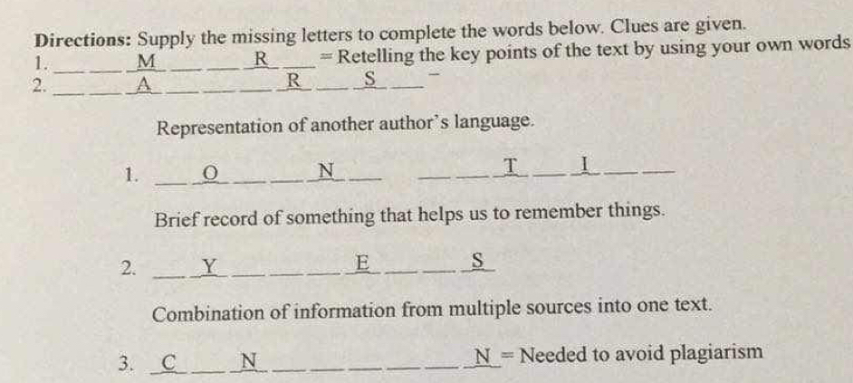 Solved: Directions: Supply the missing letters to complete the words ...