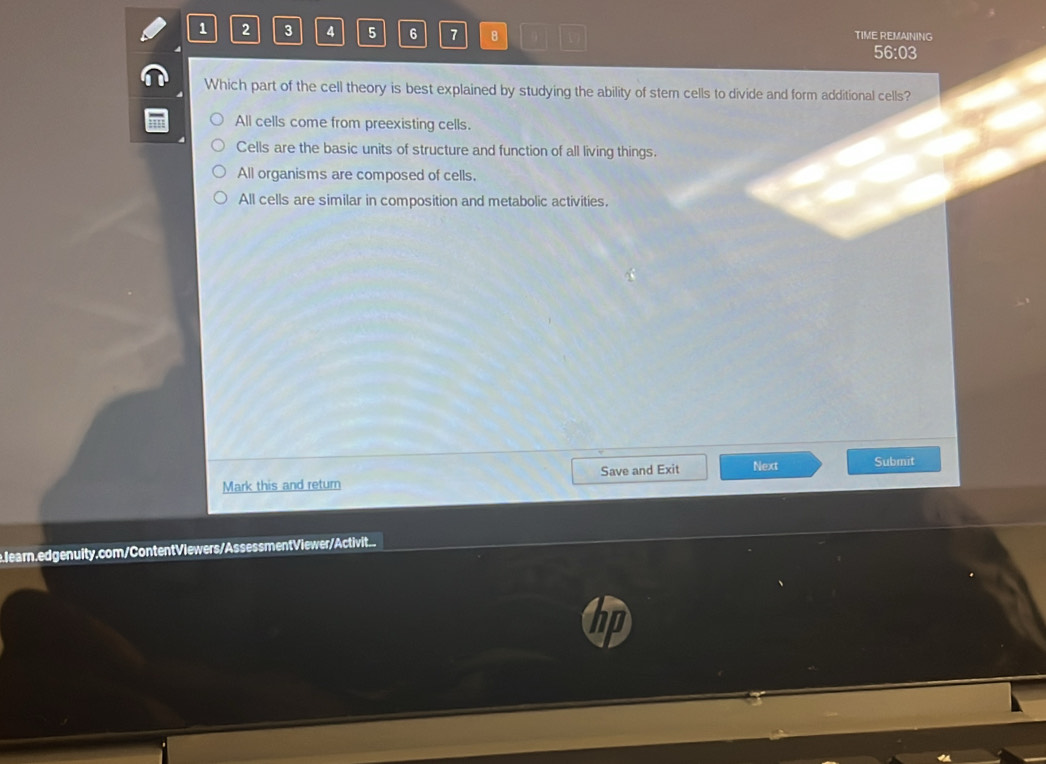 Solved: 1 2 3 4 5 6 7 8 TIME REMAINING 56:03 Which part of the cell ...