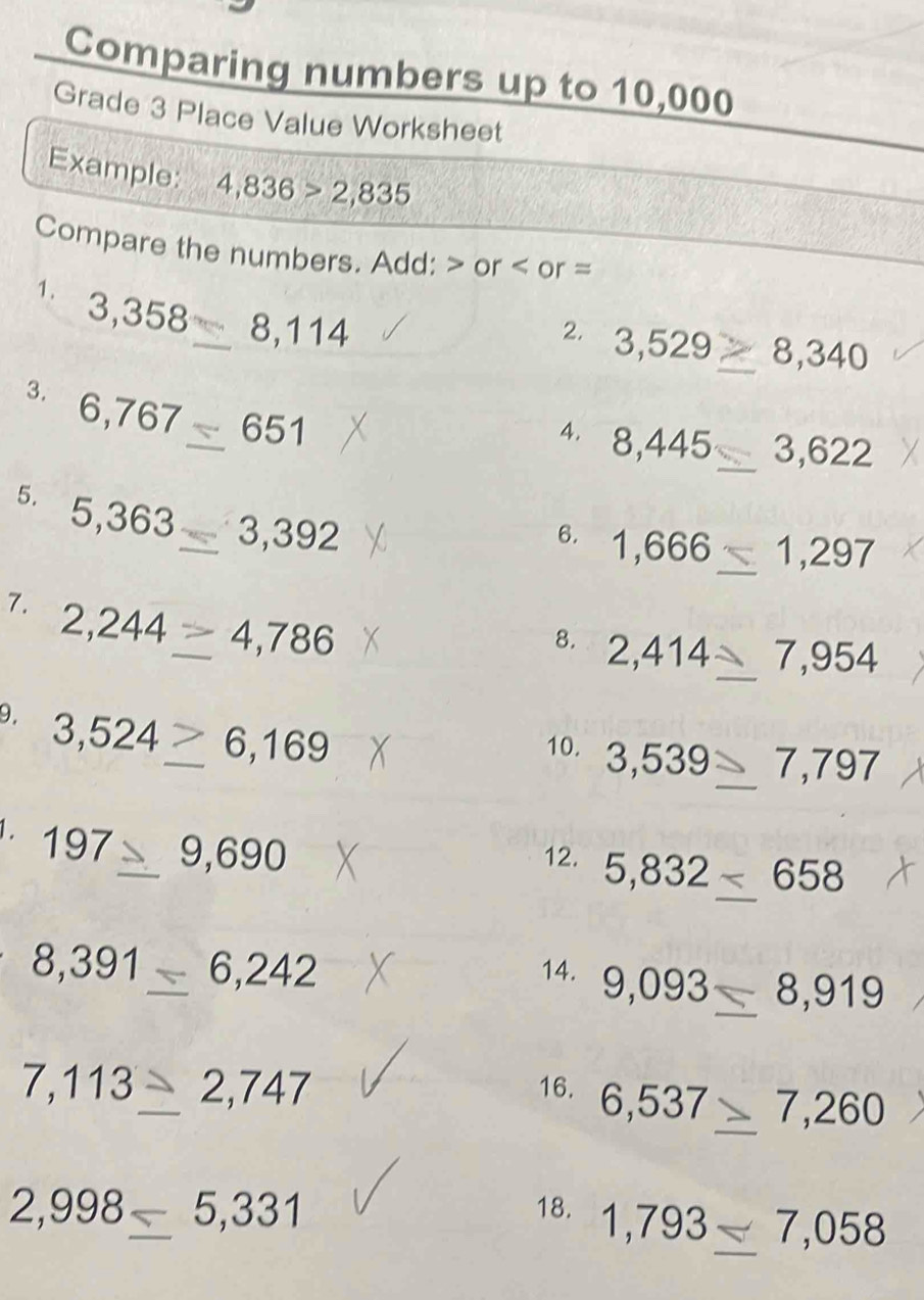 Solved: Comparing numbers up to 10,000 Grade 3 Place Value Worksheet ...