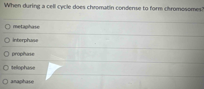 Solved: When during a cell cycle does chromatin condense to form ...