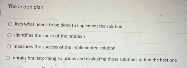Solved: The action plan: lists what needs to be done to implement the ...
