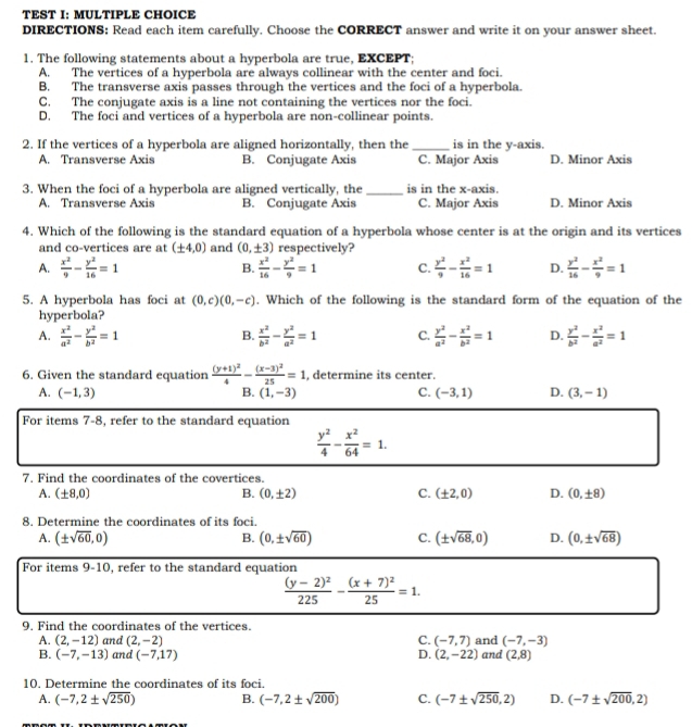 Solved: TEST I: MULTIPLE CHOICE DIRECTIONS: Read each item carefully ...