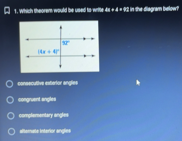 Solved: Which theorem would be used to write 4x+4=92in the diagram ...