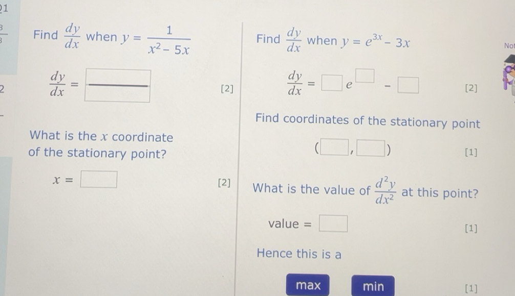 Solved: 1 3/3 Find dy/dx when y= 1/x^2-5x Find dy/dx when y=e^(3x)-3x ...