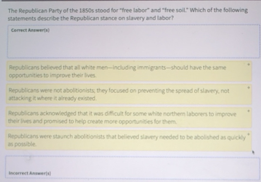 Solved: The Republican Party of the 1850s stood for “free labor” and ...