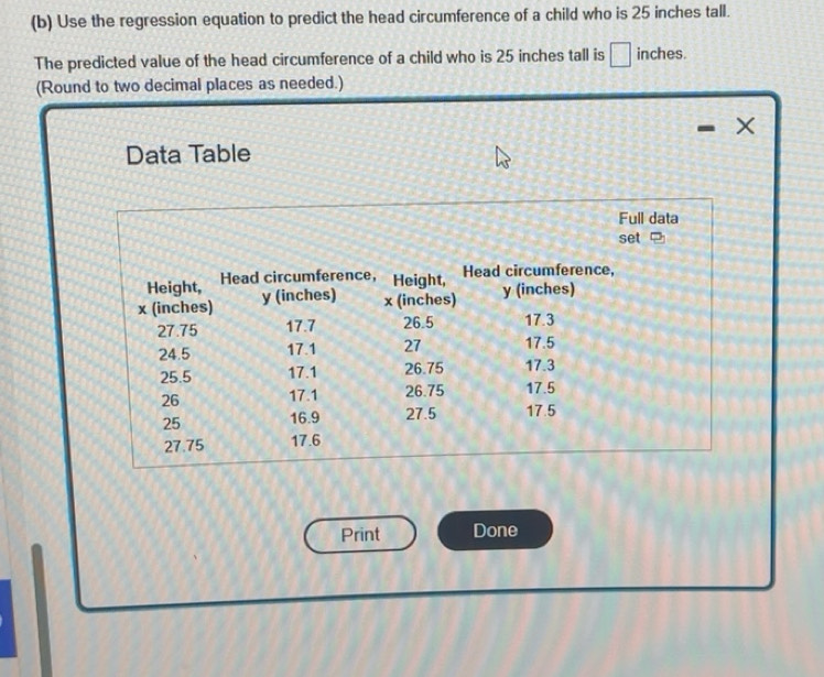 Solved: Use the regression equation to predict the head circumference ...