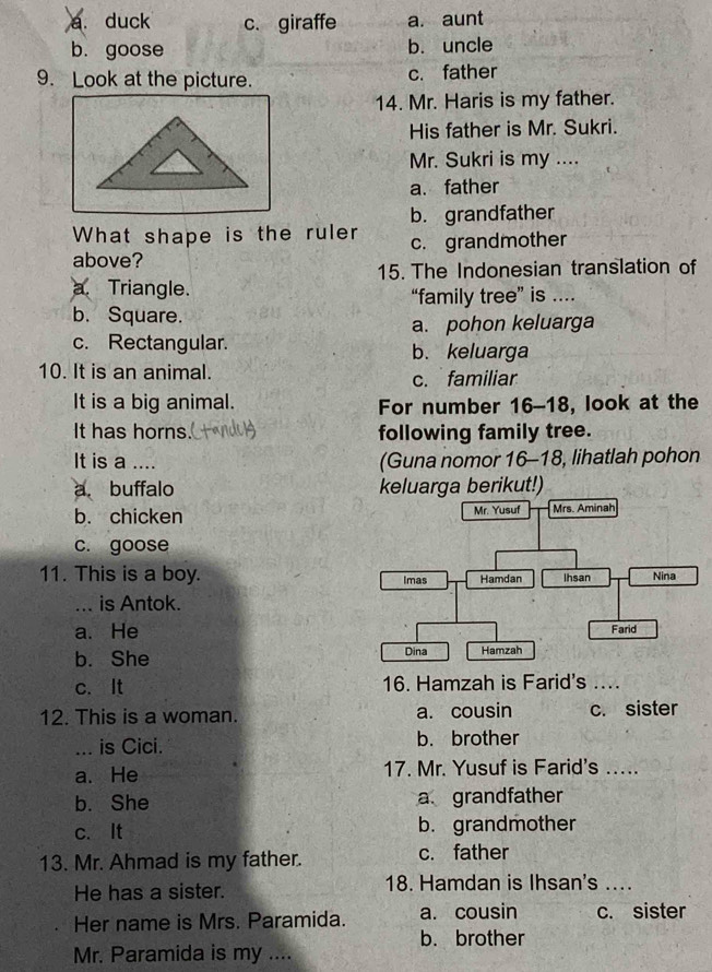 Telah dijawab:a. duck c. giraffe a. aunt b. goose b. uncle 9. Look at ...