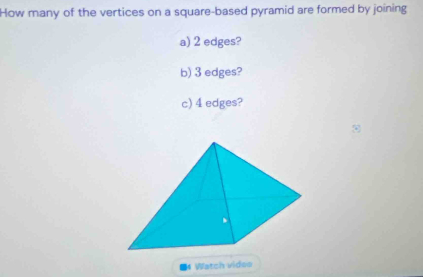 Solved: How many of the vertices on a square-based pyramid are formed by joining a) 2 edges? b ...