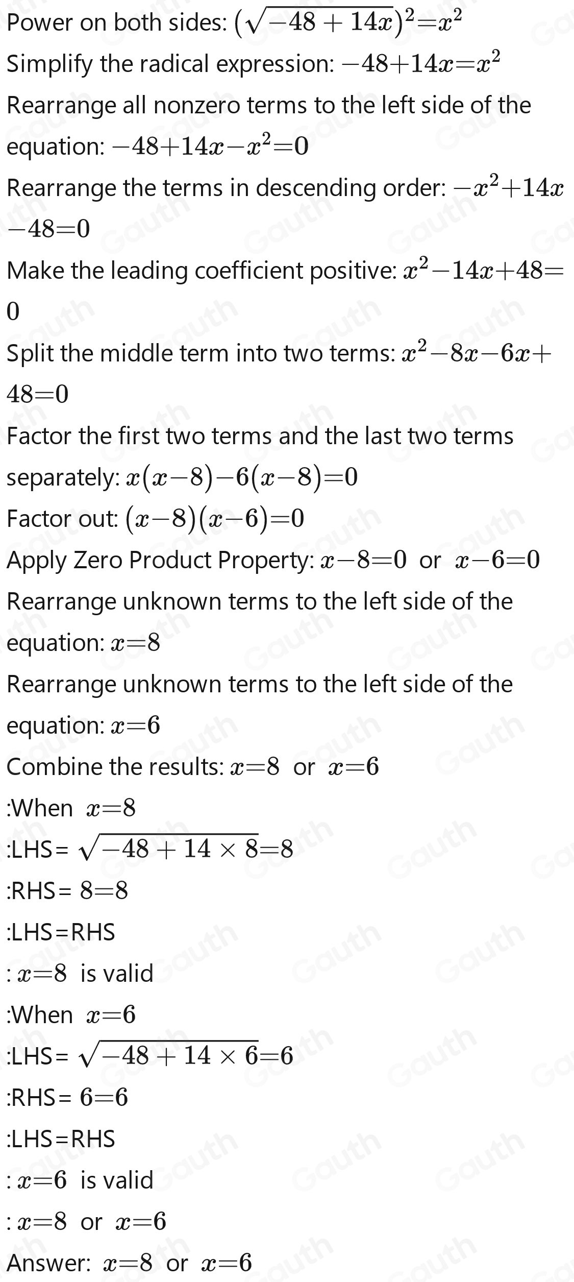 Solved: sqrt(-48+14x)=x [Math]