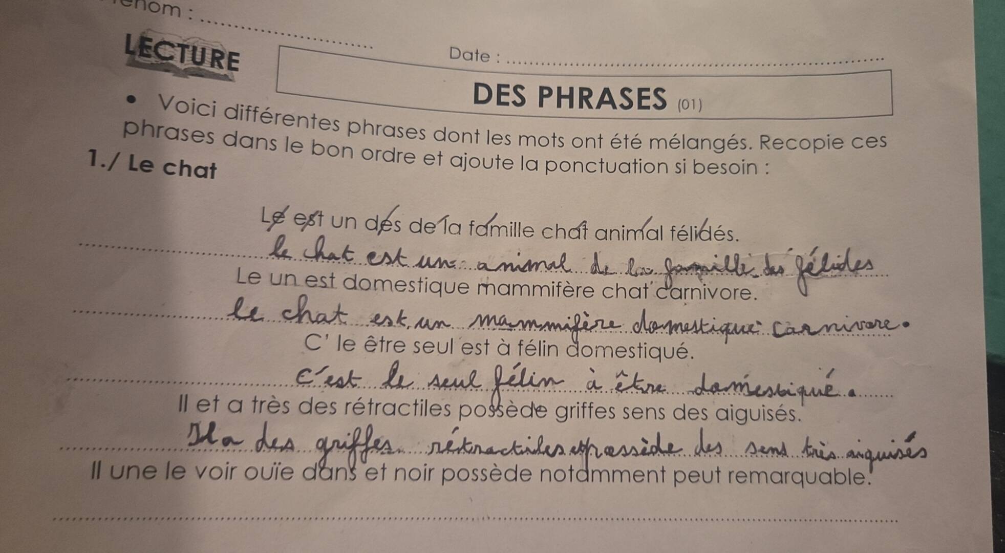Résolu :enom : _ LECTURE Date :_ DES PHRASES (01) Voici différentes ...
