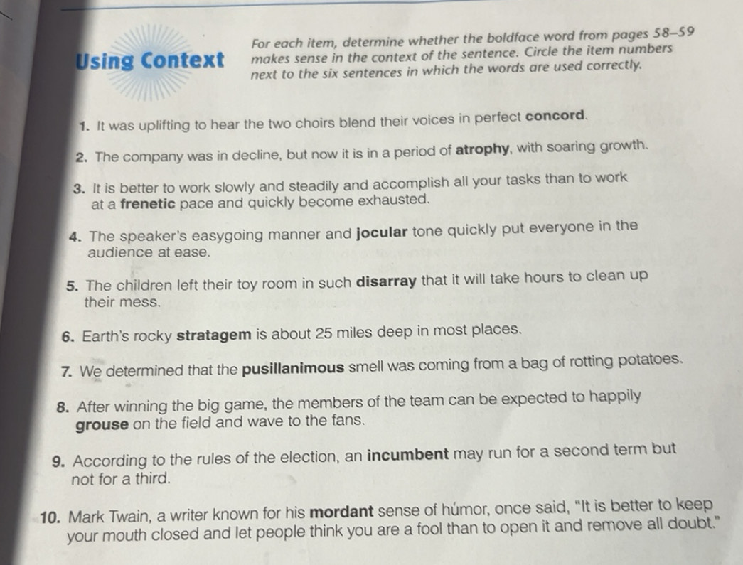 Solved: For each item, determine whether the boldface word from pages ...