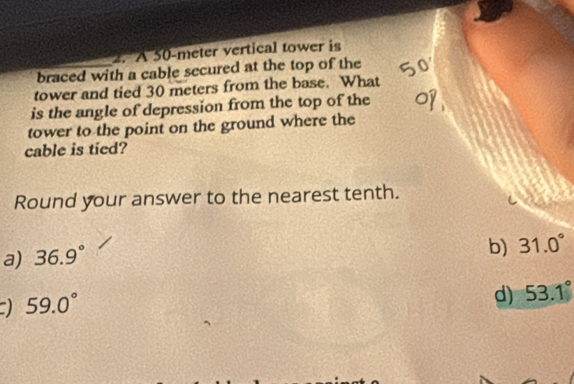 Solved: A 50-meter vertical tower is braced with a cable secured at the ...