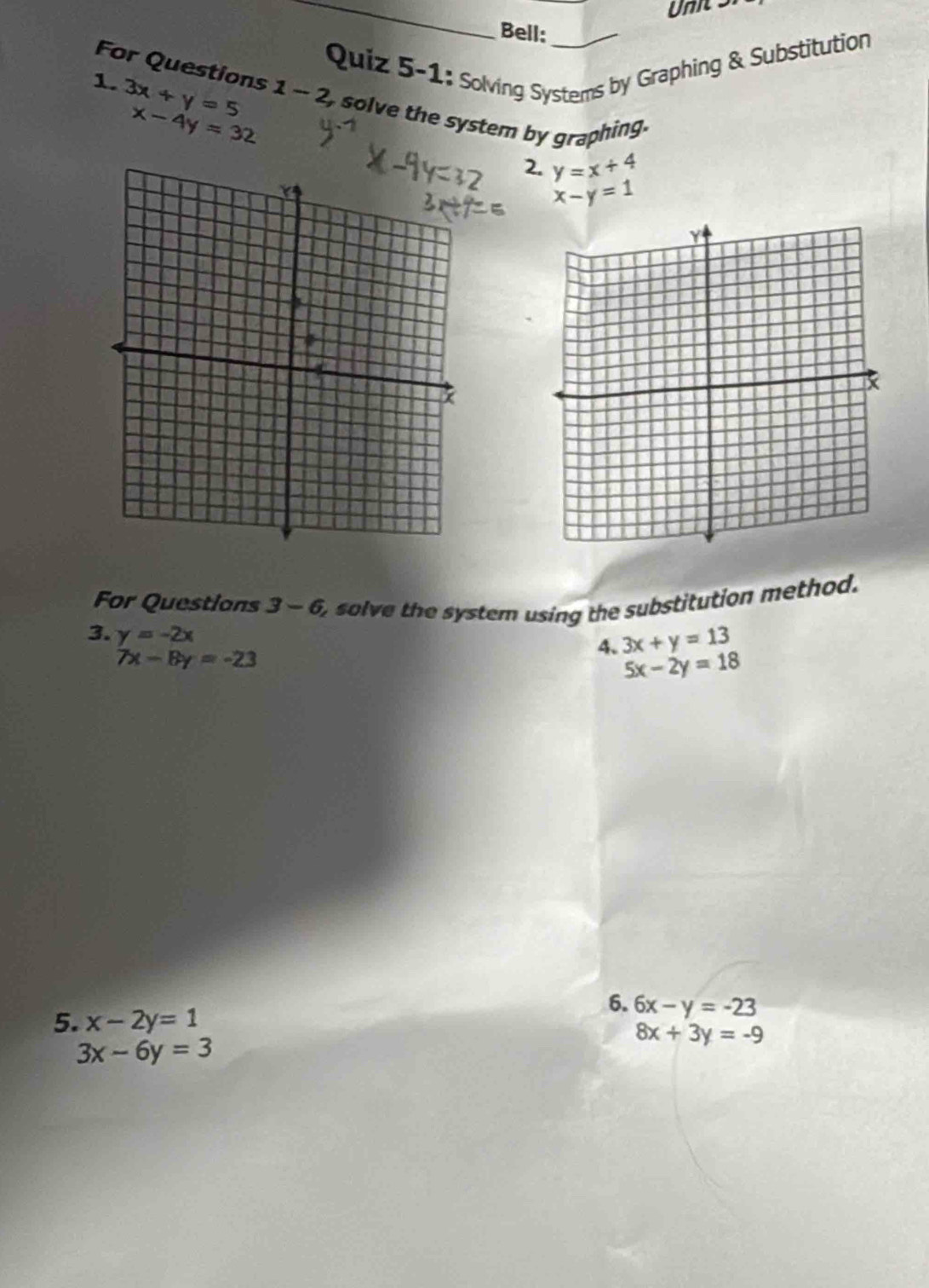 Solved: Bell:_ Quiz 5-1: Solving Systems by Graphing & Substitution For ...