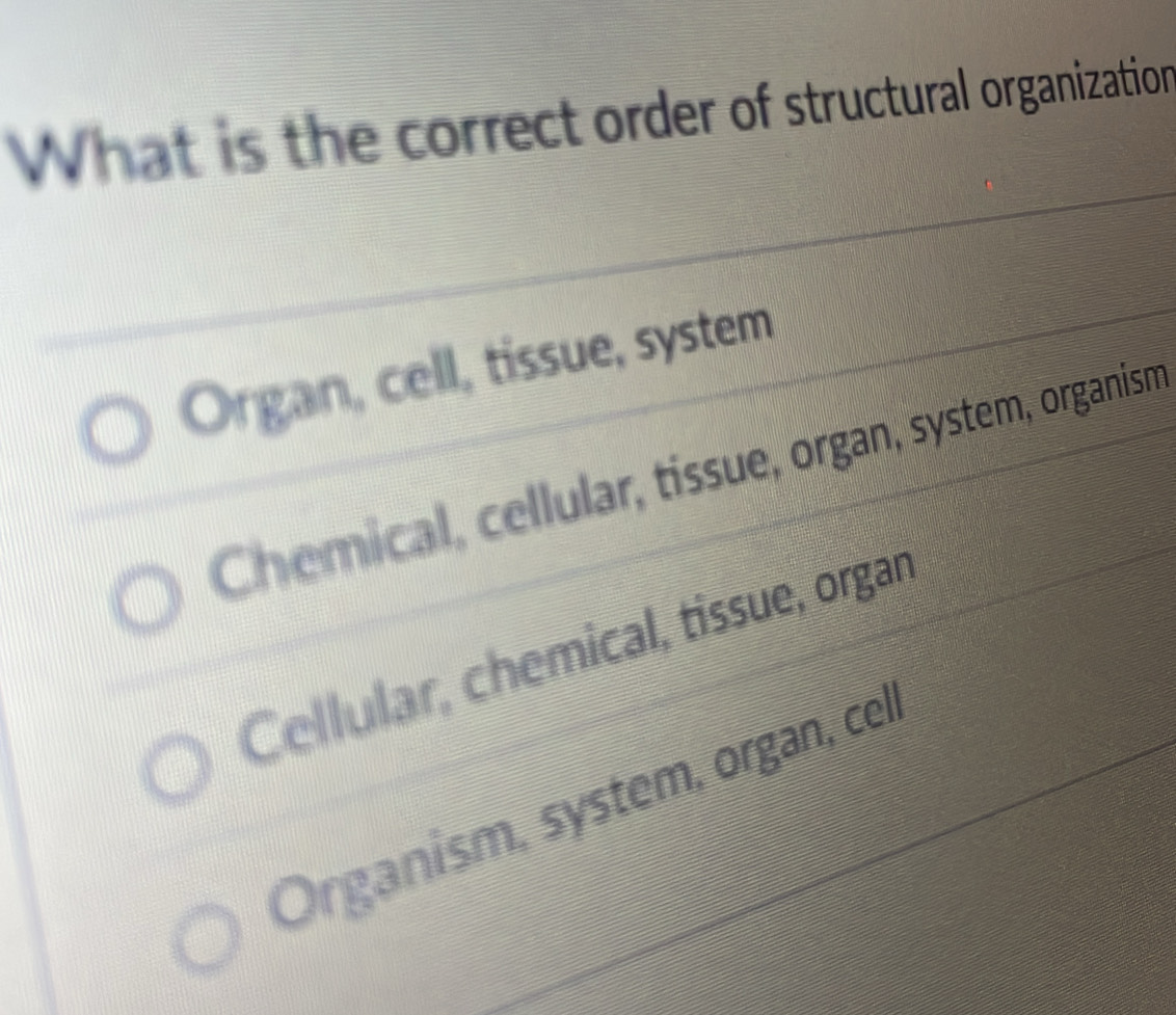 Solved: What is the correct order of structural organization Organ ...
