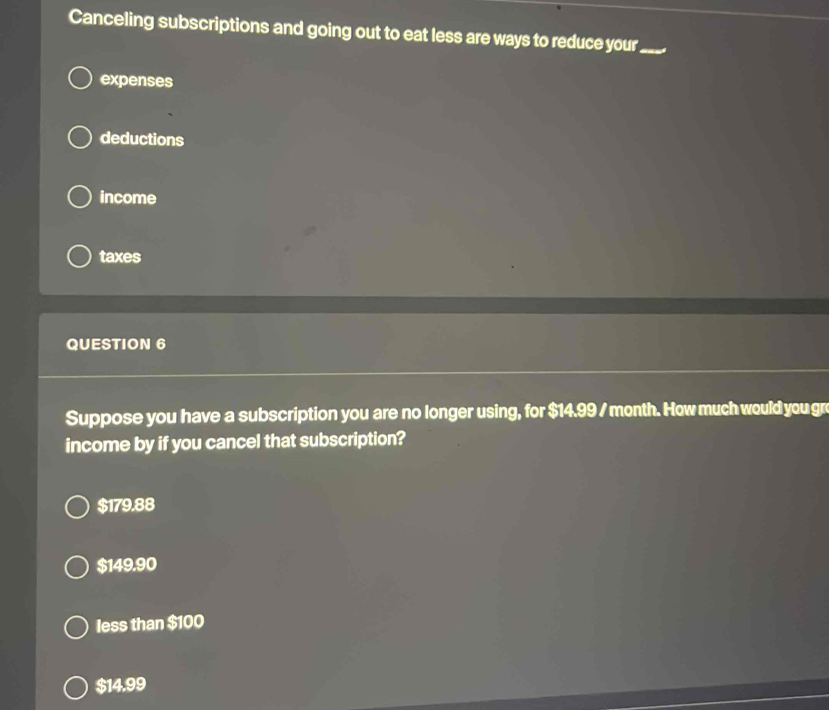Solved: Canceling subscriptions and going out to eat less are ways to ...