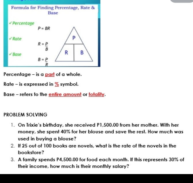 Solved: Formula for Finding Percentage, Rate & Base Percentage P=BR ...