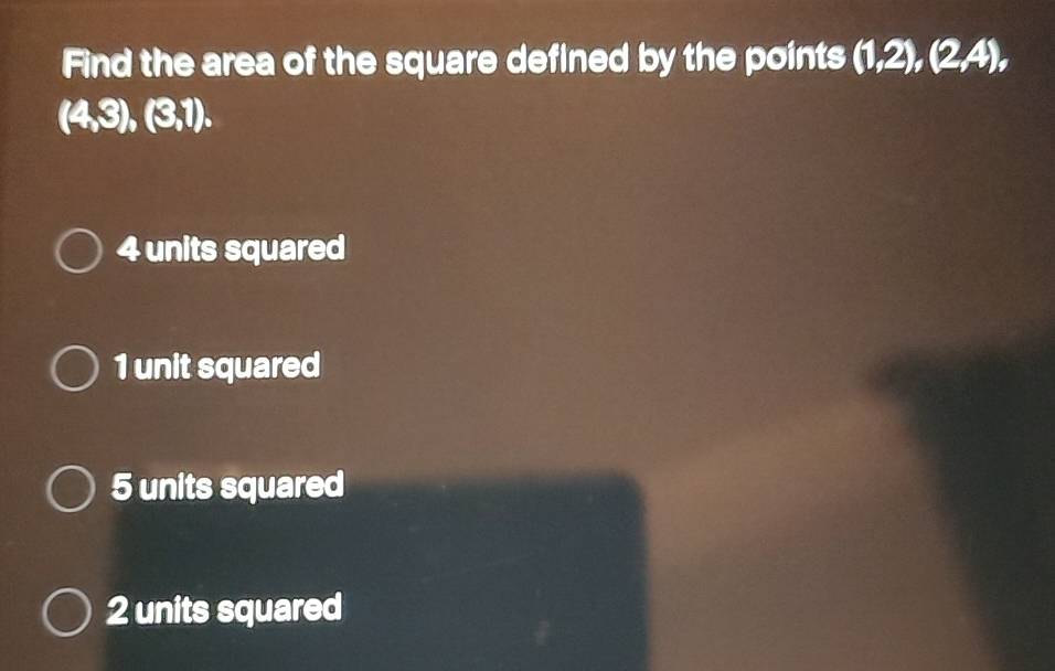 Solved: Find the area of the square defined by the points (1,2), (2,4 ...