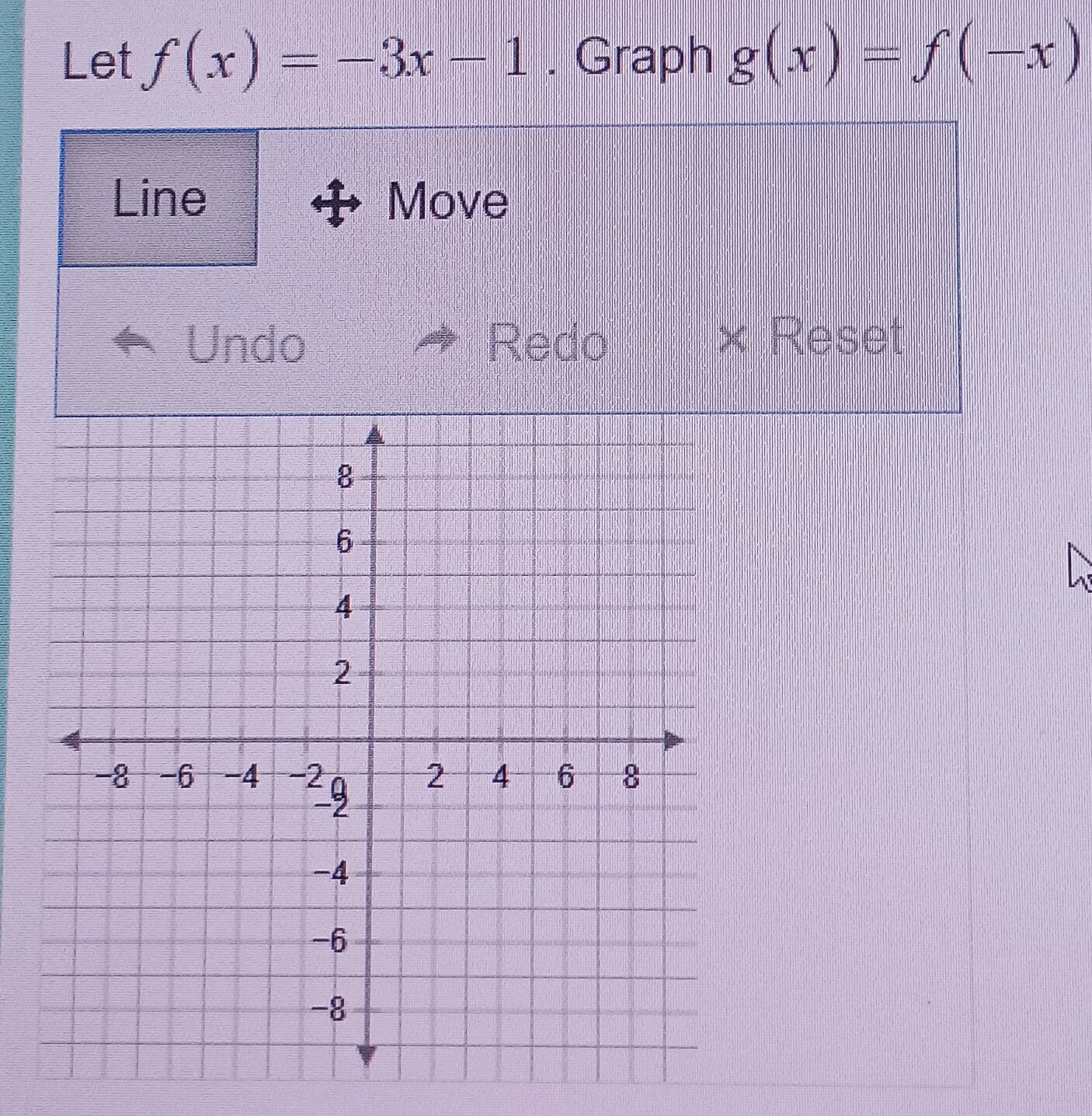 Solved: Let f(x)=-3x-1. Graph g(x)=f(-x) [Math]