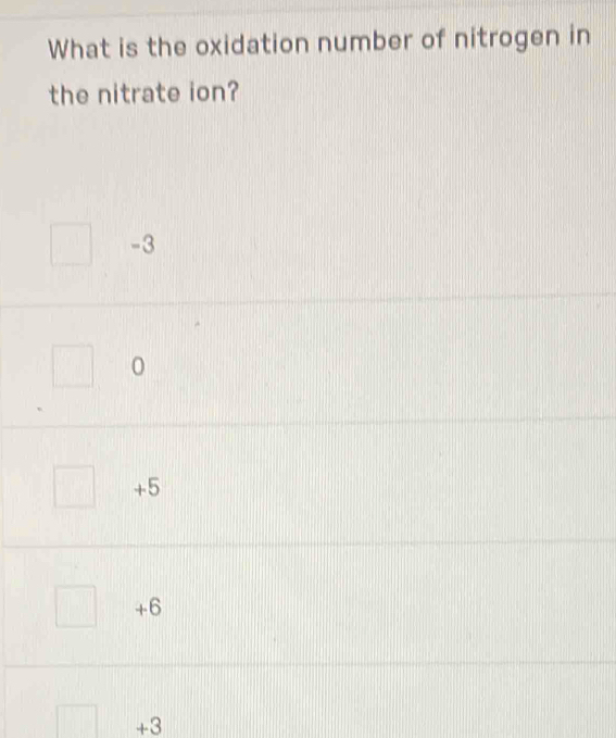 Solved: What is the oxidation number of nitrogen in the nitrate ion? -3 ...