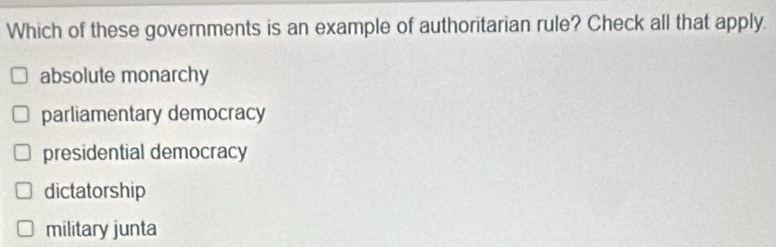 Solved: Which of these governments is an example of authoritarian rule ...
