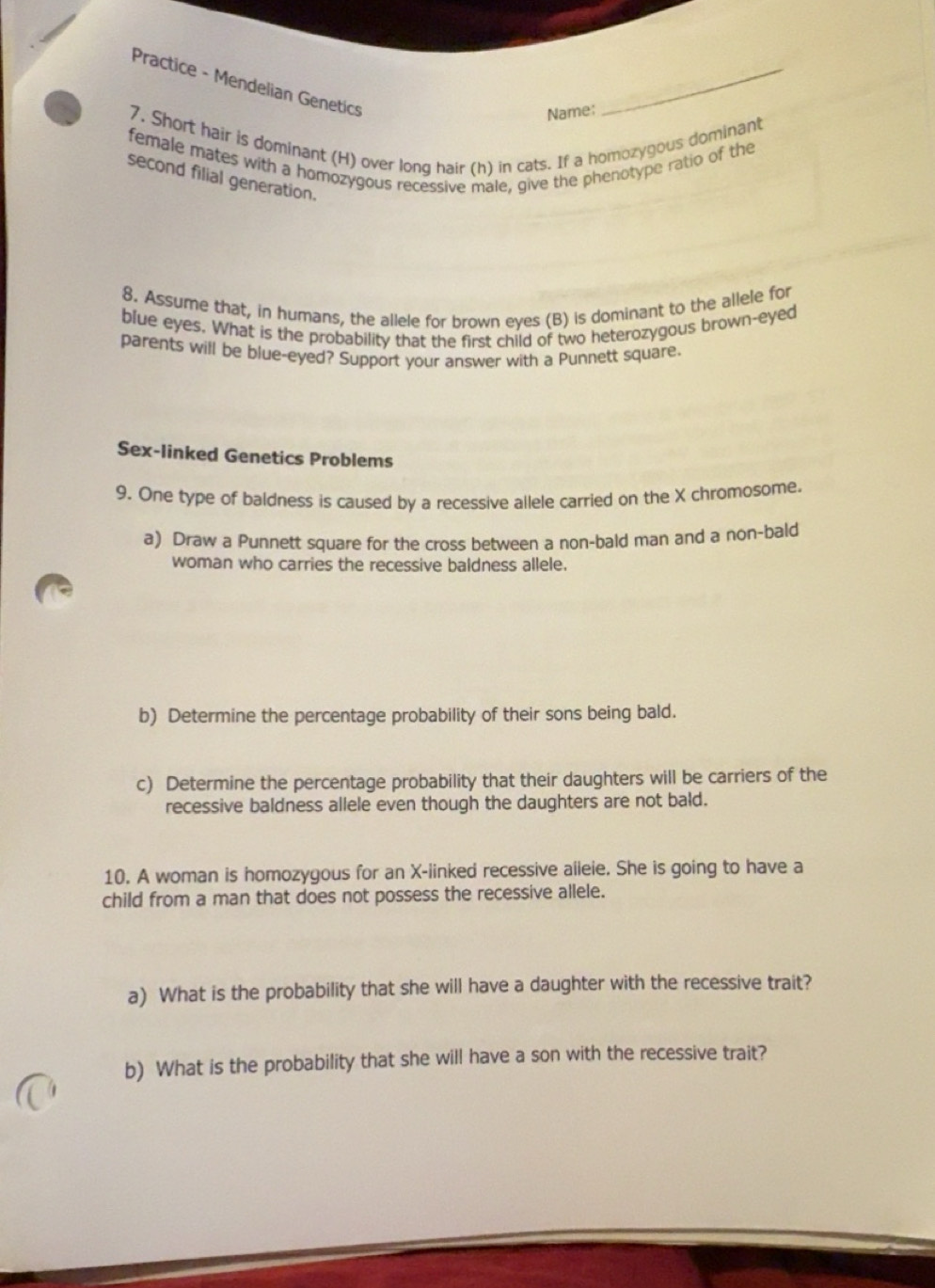 Solved: Practice - Mendelian Genetics Name: _ 7. Short hair is dominant ...
