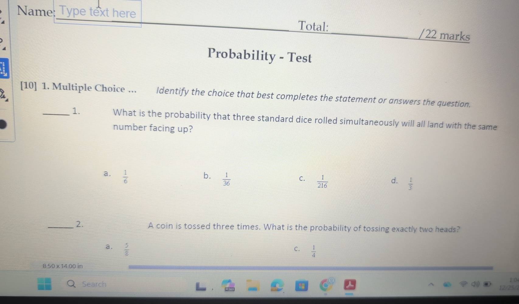 Solved: Name: Type text here _Total: _/22 marks Probability - Test [10 ...