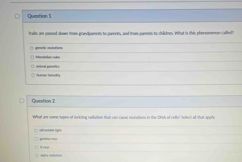 Solved: Questian 1 Traits are passed down from grandparents to parents ...