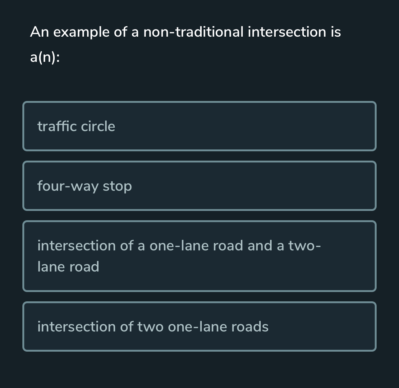 Solved: An example of a non-traditional intersection is a(n) traffic ...