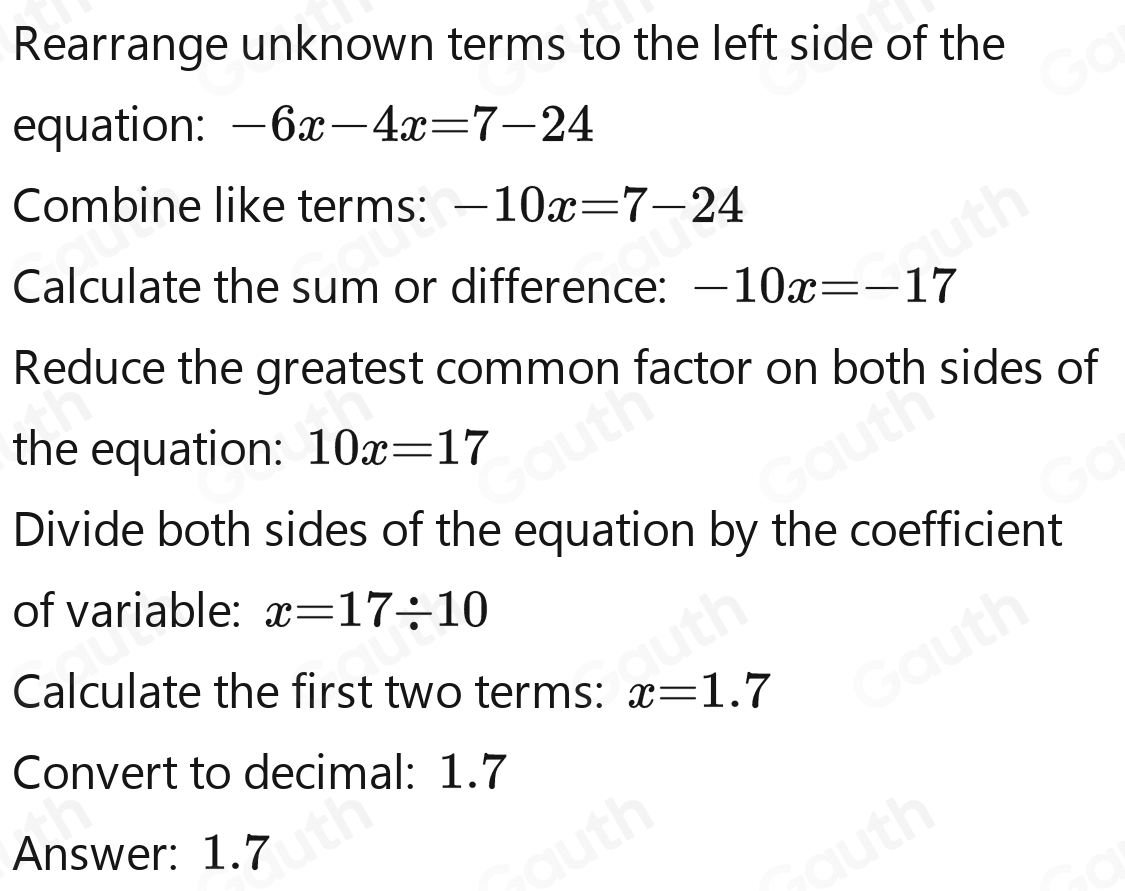 Solved: Solve 24-6x=4x+7 Give your answer as a decimal. [Math]