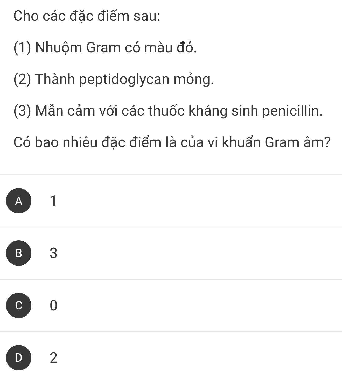 Giải quyết:Cho các đặc điểm sau: (1) Nhuộm Gram có màu đỏ. (2) Thành ...