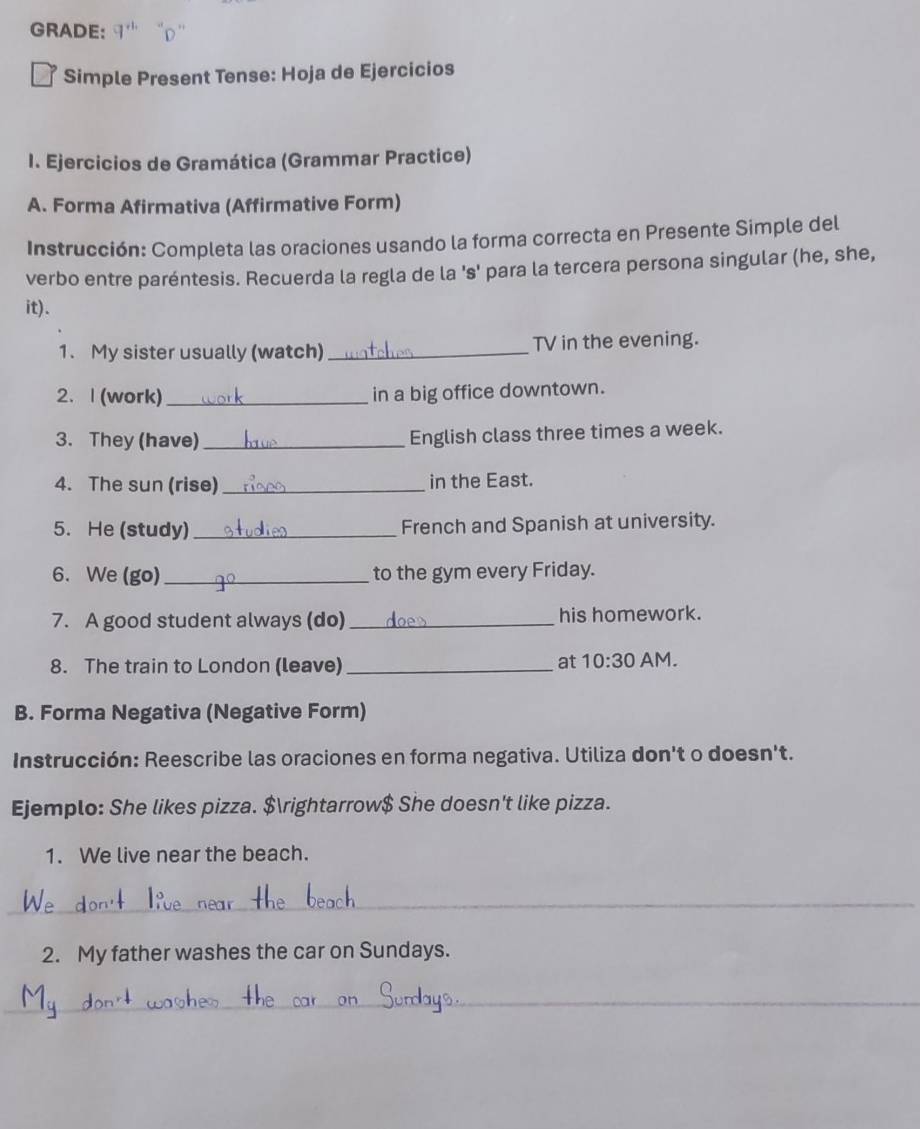 Resuelto:GRADE: 1^n ``D '' Simple Present Tense: Hoja de Ejercicios I ...