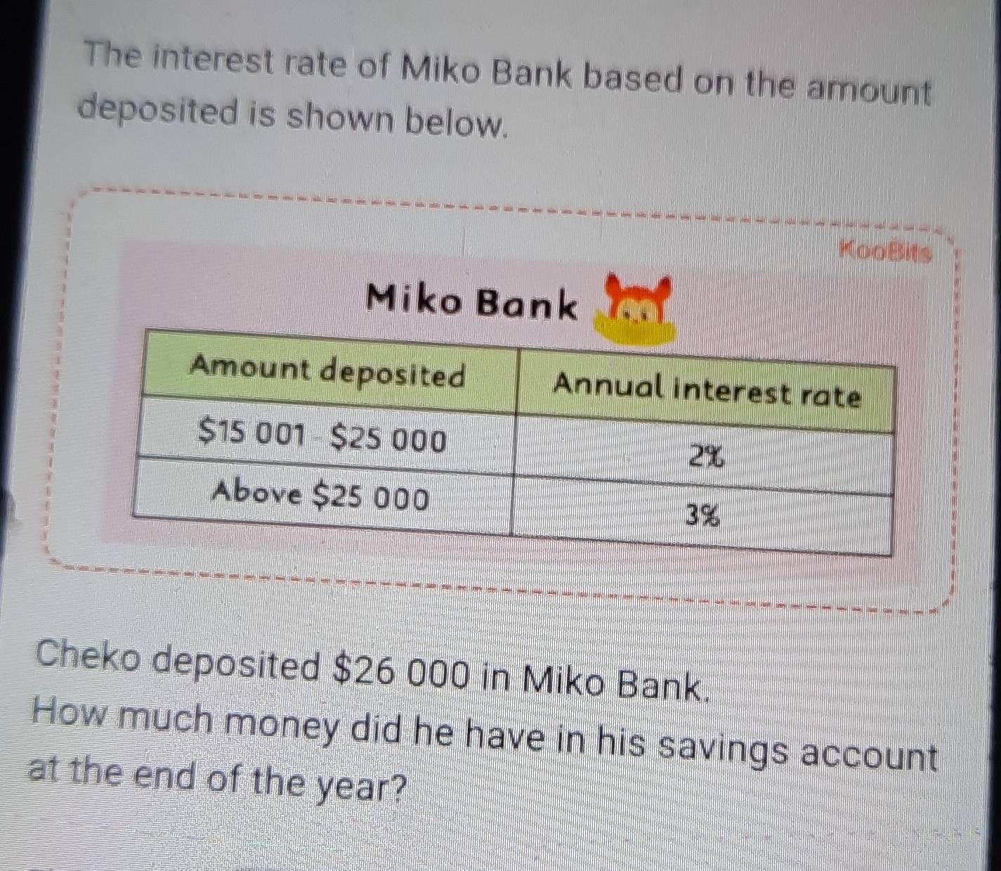 Solved: The interest rate of Miko Bank based on the amount deposited is ...