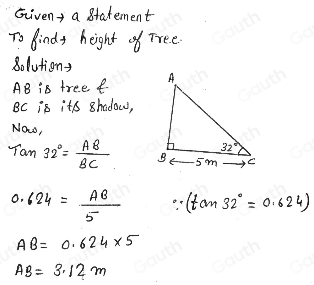 Solved: Determine the height of a tree if it casts a shadow of 5 m and ...