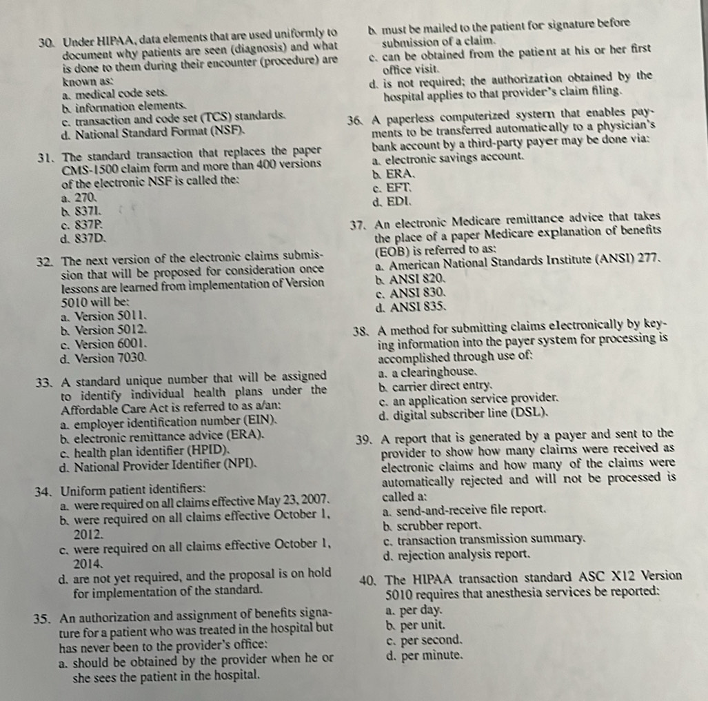 Solved: Under HIPAA, data elements that are used uniformly to b must be ...
