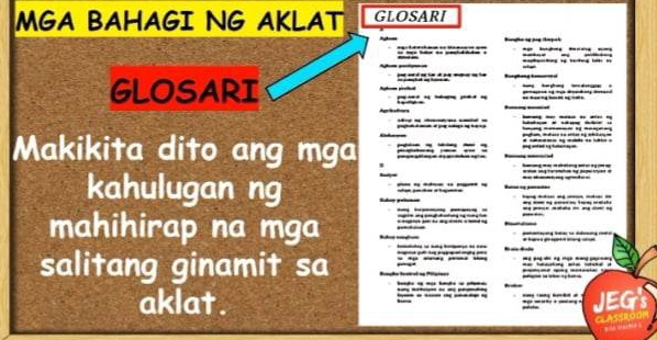 Nalutas:MGA BAHAGI NG AKLAT GLOSARI t = _ GLOSARI e e e - ---- -- _--- - --- - - Makikita d