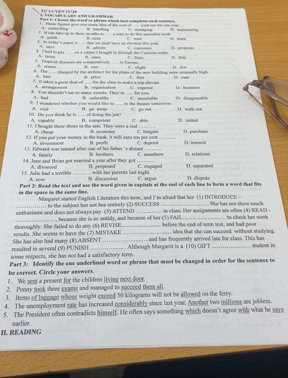 Giải quyết:Tự Luyện 12728 L VOCABULARY AND GRAMMAR Part 1: Choose the ...