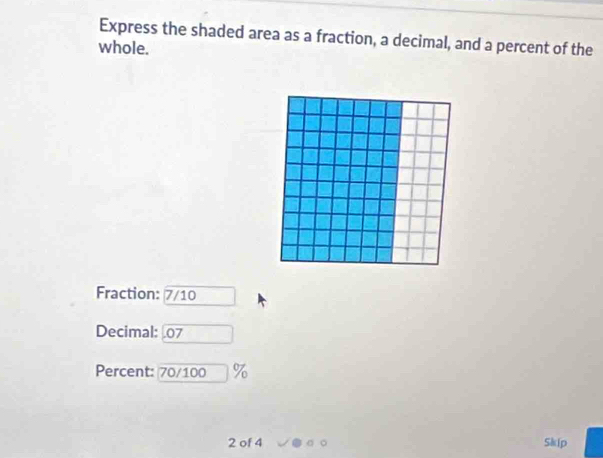 Solved: Express the shaded area as a fraction, a decimal, and a percent ...