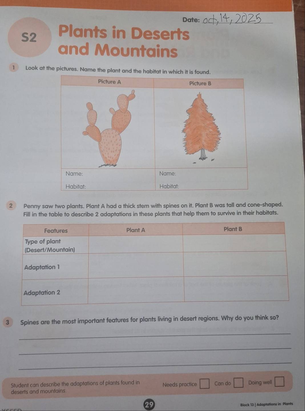 Solved: Date:_ S2 Plants in Deserts and Mountains 1 Look at the ...