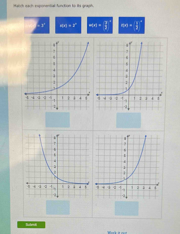Solved: Match each exponential function to its graph. =3^x s(x)=2^x w(x ...