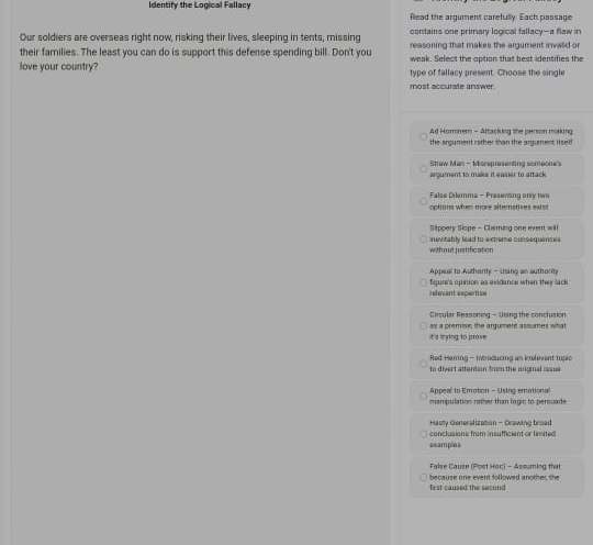 Gelöst:Identify the Logical Fallacy Read the argument carefully. Each ...