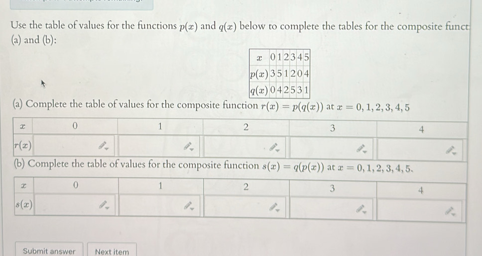 Solved: Use the table of values for the functions p(x) and q(x) below ...